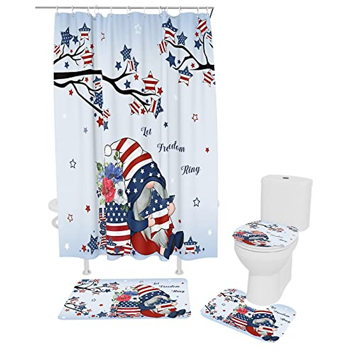 Fourth of July 4 Piece Shower Curtain Sets with Non-Slip Rugs, Toilet Lid Cover and Bath Mat, American Flag Stars Cute Gnomes Patriotic Theme Shower Curtain with 12 Hooks, Durable and Waterproof