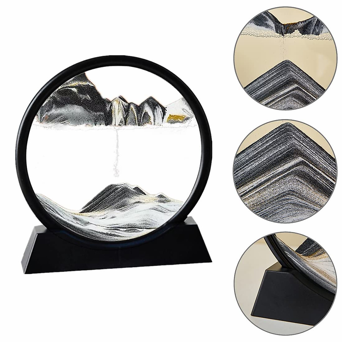 ANXUS Moving Sand Art Picture in Motion Round Glass 3D Deep Sea Sandscape Display Flowing Sand Frame, Sensory Relaxing Desktop Home Office Work Desk Decor (7",Black)
