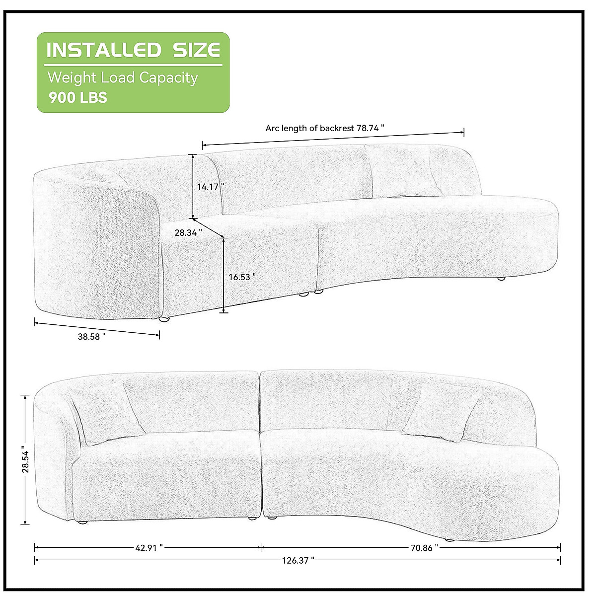 KEVINSPACE 126.37" Modern Curved Sofa Luxury Style Living Room Sectional Sofa Lounge Chaise Upholstery with Chaise 2-Piece Set, Fully Assembled Right Hand Facing Sectional, Pearl Couch, White