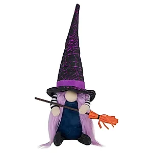Northlight 14" Black and Purple Witch Gnome with Broom Indoor Halloween Figure