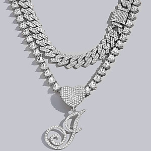 DLSIXNCO Silver Cuban Link Chain for Women Cursive Initial Layered Necklaces Heart Shape Bling Diamond Iced Out Pendant Necklace for Women 2PCS Hip Hop Chain Trendy Dainty Rapper Jewelry Gift, 16