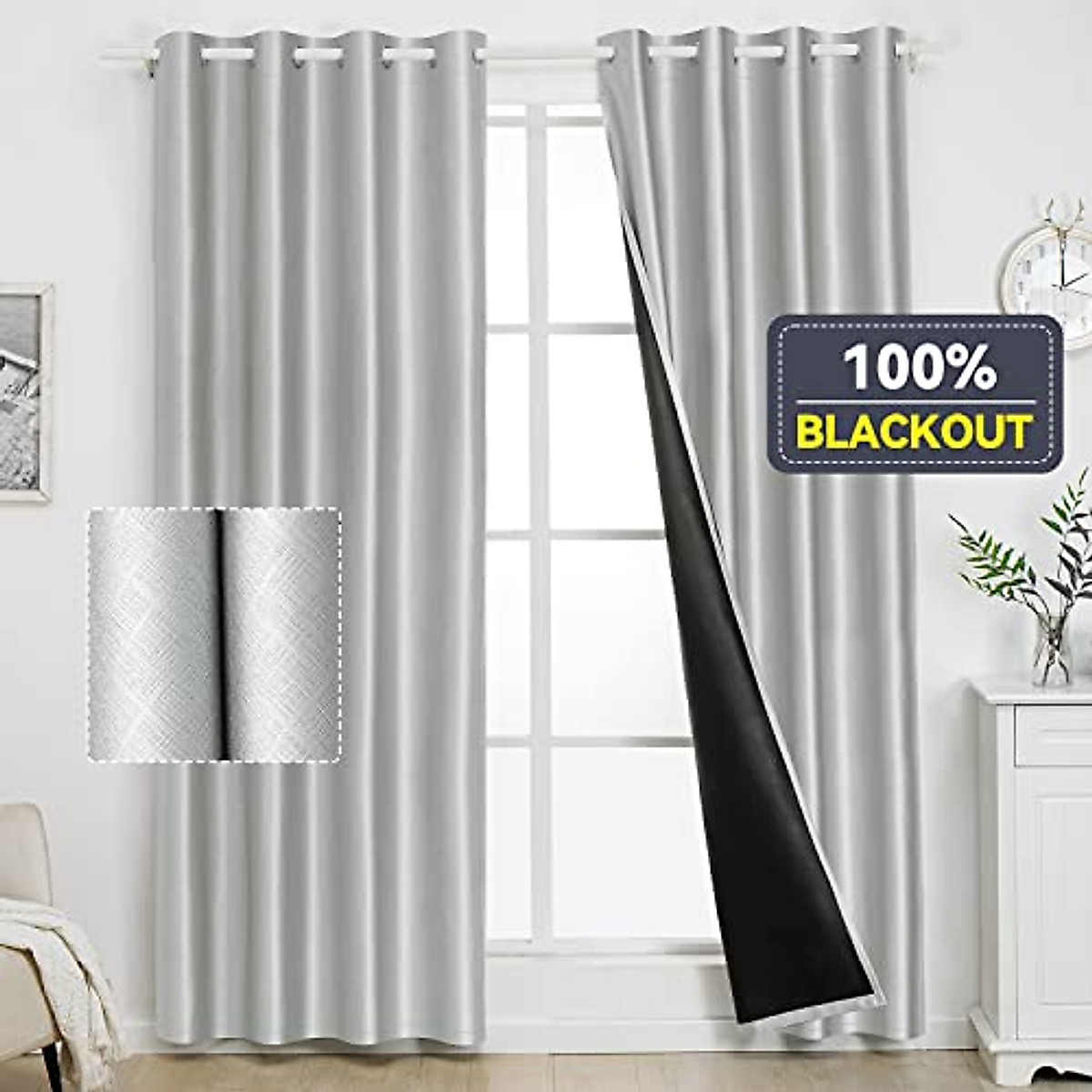Silver 100% Blackout Curtains for Bedroom, 3 Thick Layers Thermal Insulated Black Out Window Curtains, Full Room Darkening Noise Reducing Grommet Curtains with Black Liner (52 x 63 Inch, 2 Panels)