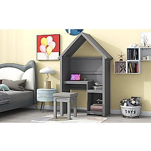 Dolonm Kids Desk and Chair Set, Wooden Kids Computer Desk with Detachable Cushion Stooll, House-Shaped Desk with Storage Shelf for Bedroom, Kids Study Desk and Chair Set for Ages 3+, Grey