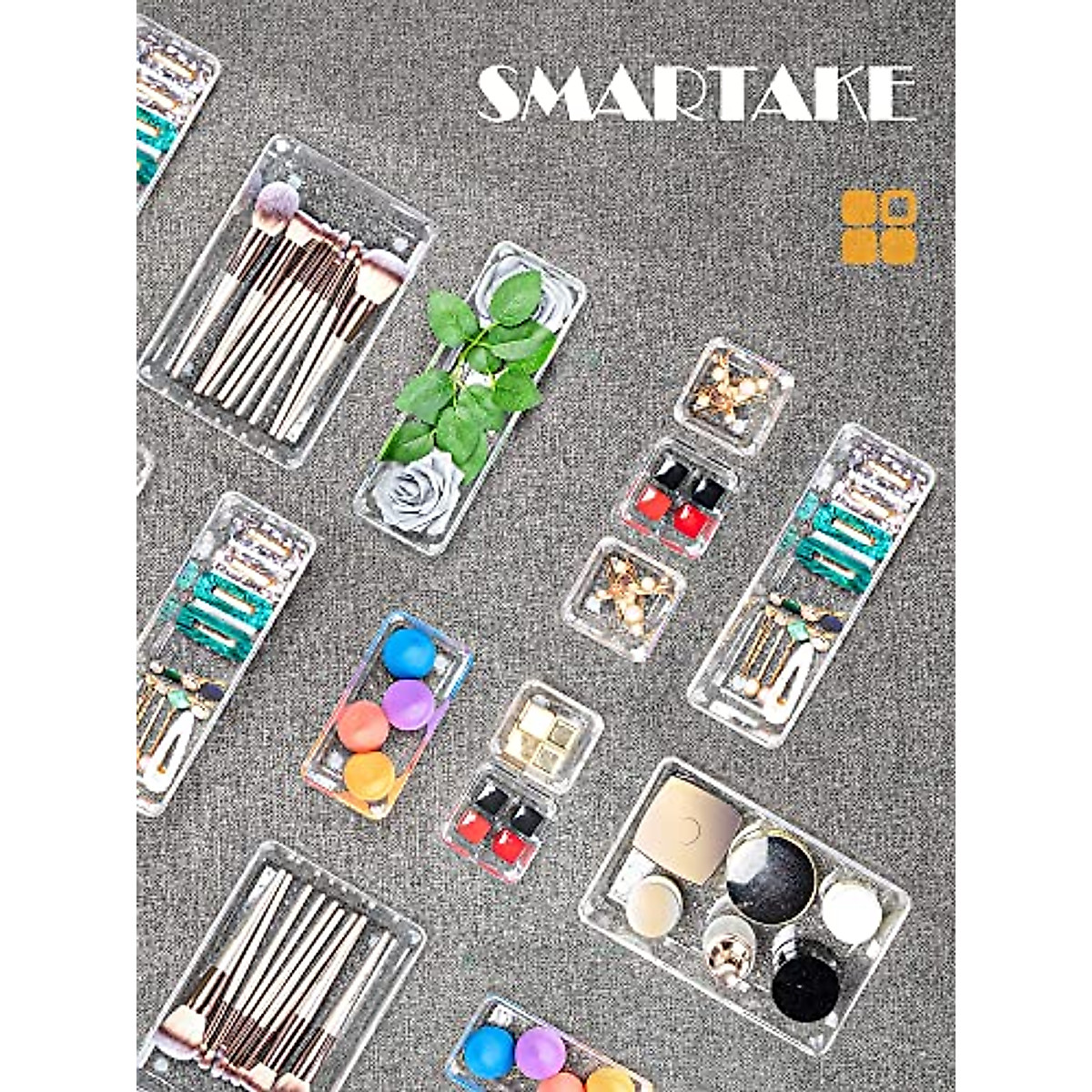 SMARTAKE 22-Piece Drawer Organizers, 7 Sizes Desk Drawer Dividers with Non-Slip Pads, Plastic Dresser Storage Tray Sets, Cosmetic Makeup Jewelries Trays, for, Kitchen, Office, Home, Bathroom (Clear)