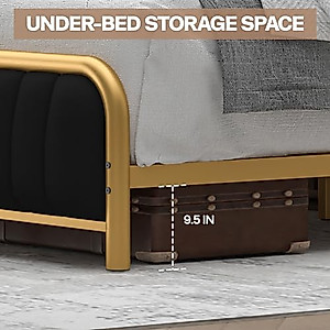 DOGIBIXO Gold Bed Frame King Size with LED Lights, Black Upholstered Bed Frame with Tufted Headboard and Footboard, Metal Slats Support, Noise-Free, No Box Spring Needed