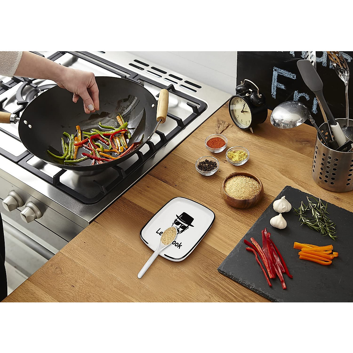 Hvukeke Ceramic Spoon Rest for Kitchen Stove Top Counter, Funny Let's Cook White Spoon Holders for Chef, Modern Farmhouse Kitchen Cute Decor