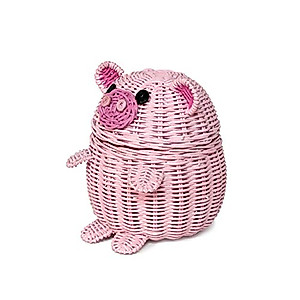 G6 COLLECTION Pig Rattan Storage Basket with Lid Decorative Bin Home Decor Hand Woven Shelf Organizer Cute Handmade Handcrafted Gift Art Decoration Artwork Wicker Pink Piggy (Small)