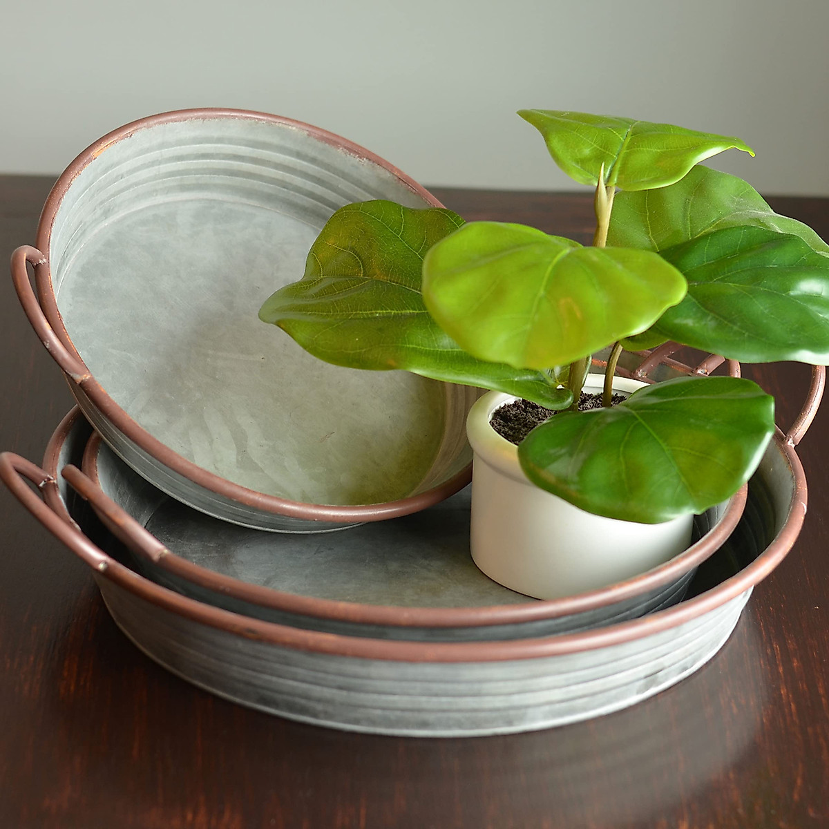 Farmers Deep-Dish Round Trays, Set of 3, Rustic Vintage Style, Galvanized Zinc Metal, 18, 15.75, and 12.25 Inches Diameter