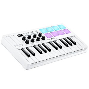 M-WAVE 25 Key USB MIDI Keyboard Controller With 8 Backlit Drum Pads, Bluetooth Semi Weighted Professional dynamic keybed 8 Knobs and Music Production,Software Included (White)
