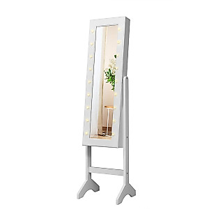 Giantex Standing Jewelry Armoire with 18 LED Lights Around the Door, Large Storage Mirrored Jewelry Cabinet with Full Length Mirror, 16 Lipstick Holders, 1 Inside Makeup Mirror (White)