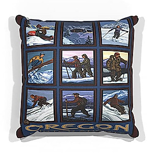 Oregon Winter Sports Collage Canvas Throw Pillow for Couch or Sofa at Home & Office from Travel Artwork by Artist Paul A. Lanquist 18" x 18".