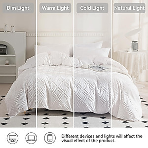 JELLYMONI Bright White Duvet Cover Queen Size - 3PCS Microfiber Tufted Duvet Cover Set, Boho Textured Duvet Cover Jacquard Rhombus Geometric Pattern Duvet Cover with Corner Ties & Zipper Closure