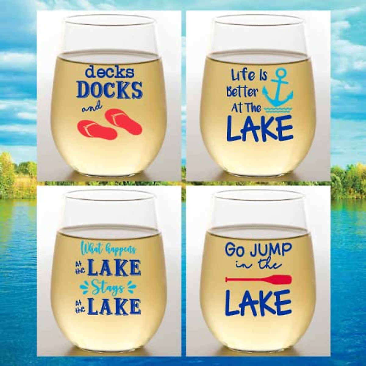 Set of 4 Shatterproof Designer 16 oz Plastic Wine Glasses MADE in the USA (LAKE)