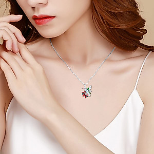 PEIMKO Hummingbird Necklace Enamel Hummingbird Pendant Necklace Sterling Silver Cute Aniamal Bird Necklace with Flower Bird Pendant for Women