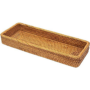 Rectangular long narrow Tray Rattan Tray Toilet Tank Tray Guest Towel Holder Bathroom Tray Basket For Toilet Paper Vanity Tray Wicker Baskets Decorative CLAYNIX (17x6x2 Inches, Natural)