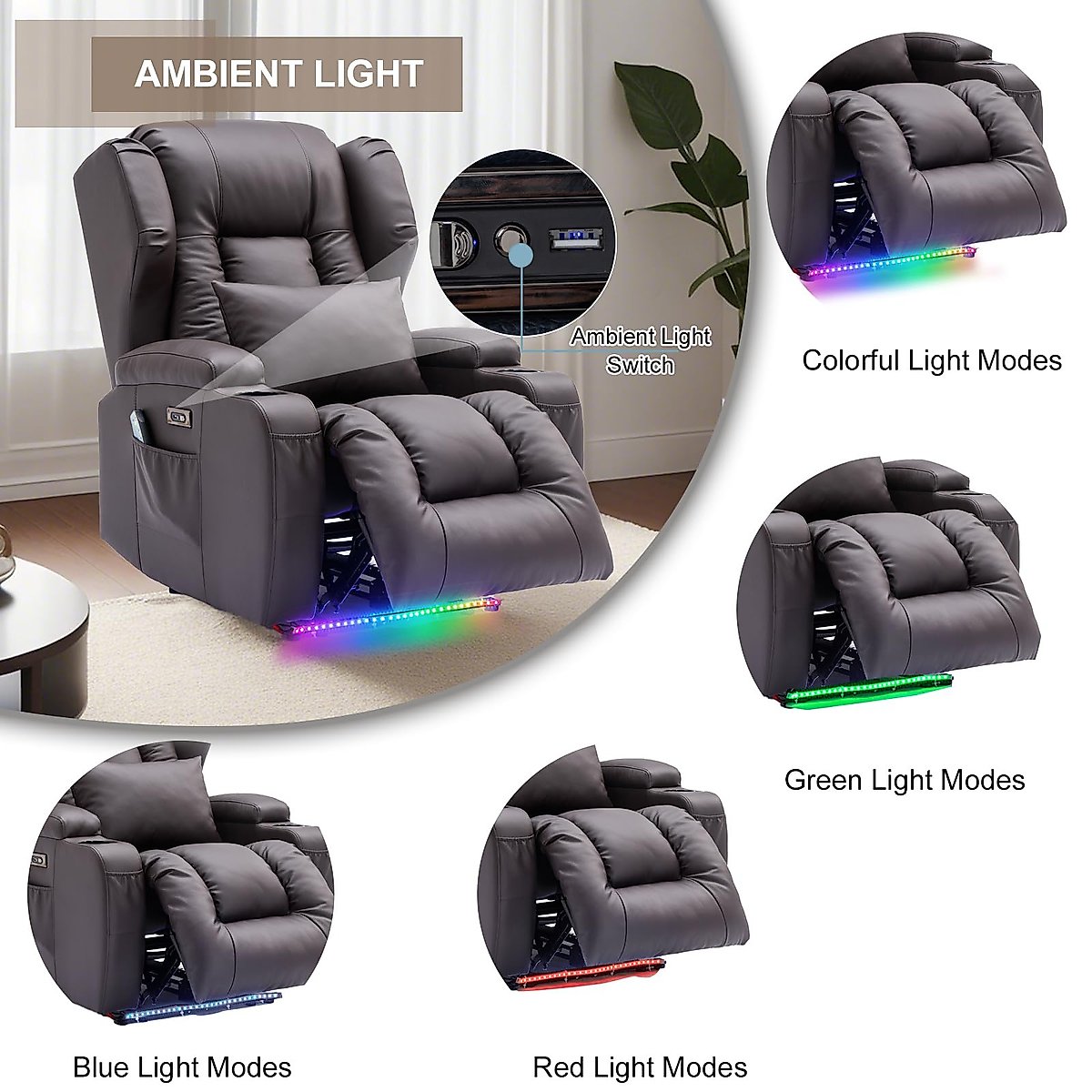BINGTOO Electric Power Recliner Chair with Massage and Heat Recliner Chairs for Adults Living Room, Wingback Recliners Ergonomic Lounge Sofa Home Theater Seating with LED Light, Cup Holders, USB