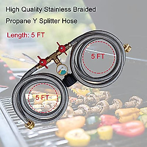 Upgraded 5 FT Propane Splitter Hose,2 Way Stainless Braided Splitter Adapter Hose Converter with Shut Off Valve with Gauge 1lb Portable Appliance to QCC1 5-40lb Tank for Gas Grill,Heater,350PSI