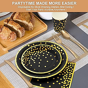 Black and Gold Party Supplies-Golden Dot Paper Plates,Black Napkins&Cups and Plastic Utensils,Gold Rim Disposable Paper Tableware for Birthday,Retirement,Graduation,175Pcs,Serve 25