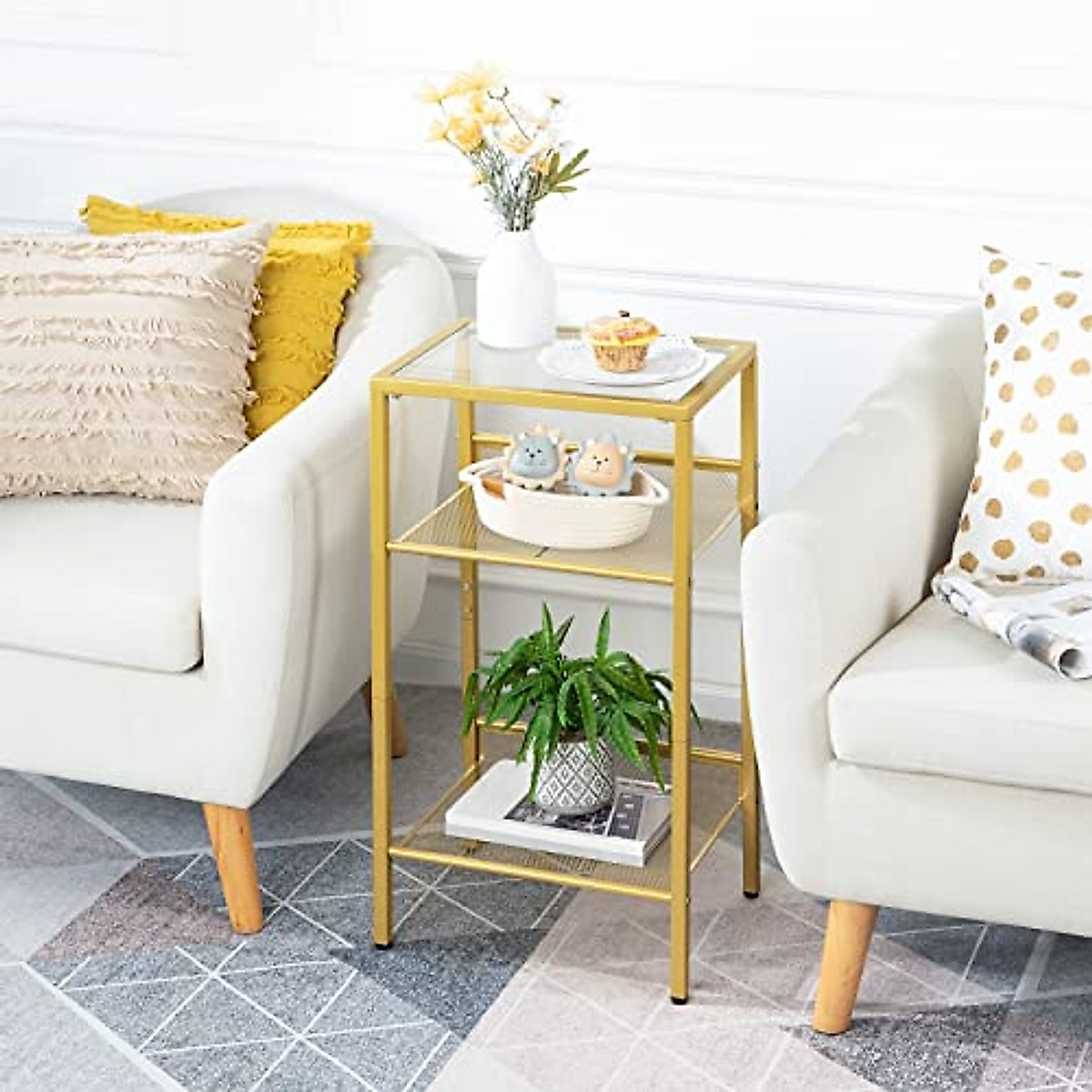 HOOBRO Tall End Table, Tempered Glass Telephone Table with Mesh Shelf, 3-Tier High and Narrow Side Table for Small Space, Sofa, Living Room, Bedroom, Easy Assembly, Modern Style, Gold GD04DH01