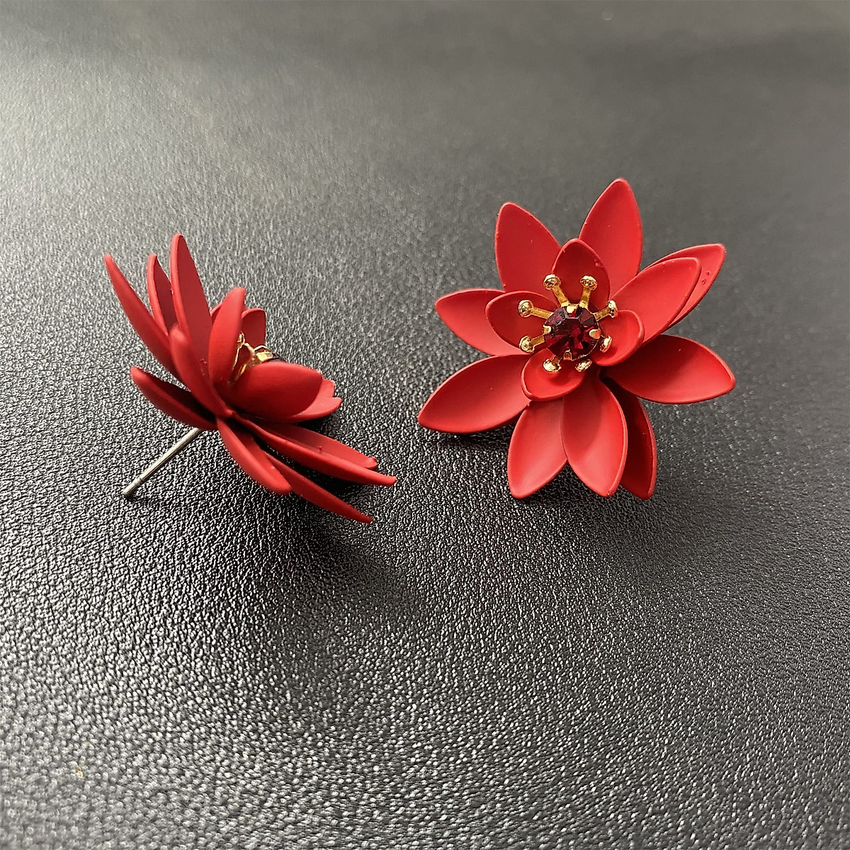 Chic Cute Boho Matte Flower Statement Stud Earrings with Gold Flower Bud for Women Sister Mom Lover and Friends (Red 13)