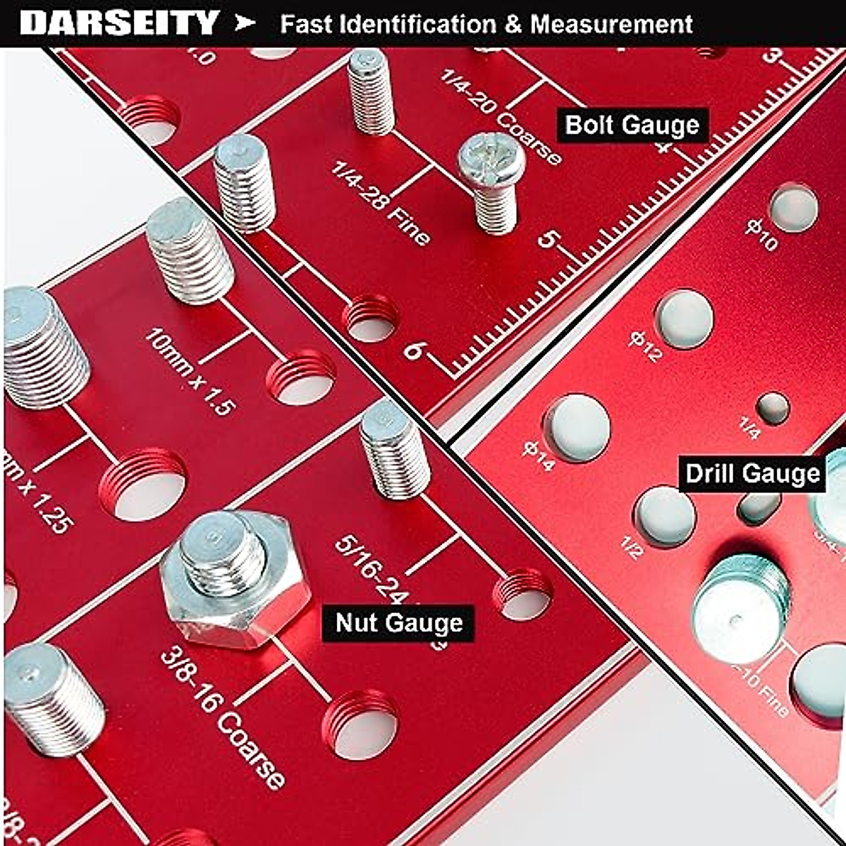 DarSeity DS-34 Nut and Bolt Thread Checker, 15 Metric & 19 Standard Nut & Bolt Size Identifier Gauge, append 8 Drill Gauges, Solid Aluminum Body