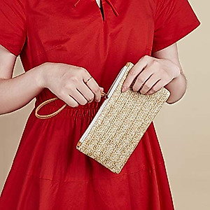Frienda 2 Pieces Straw Clutch Purse Straw Handbag for Women Summer Beach Straw Bag Bohemian Wristlet Bag (Beige-White, Beige-Yellow)