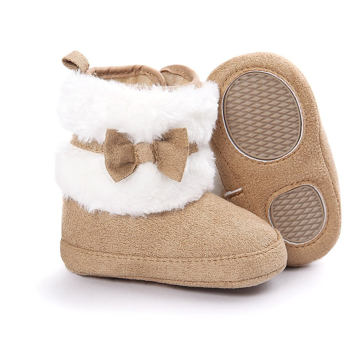 ESTAMICO Baby Girl Plush Winter Snow Bowknot Boots Khaki 3-6 Months