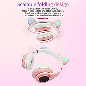 B39 Light-Emitting Cat Ear Headset, LED Light Up Over Ear Headphones with Mic Bluetooth Stereo Sound Foldable Rechargeable Earpiece, Cute Cat Ear Gaming Headset for Girls (Pink)