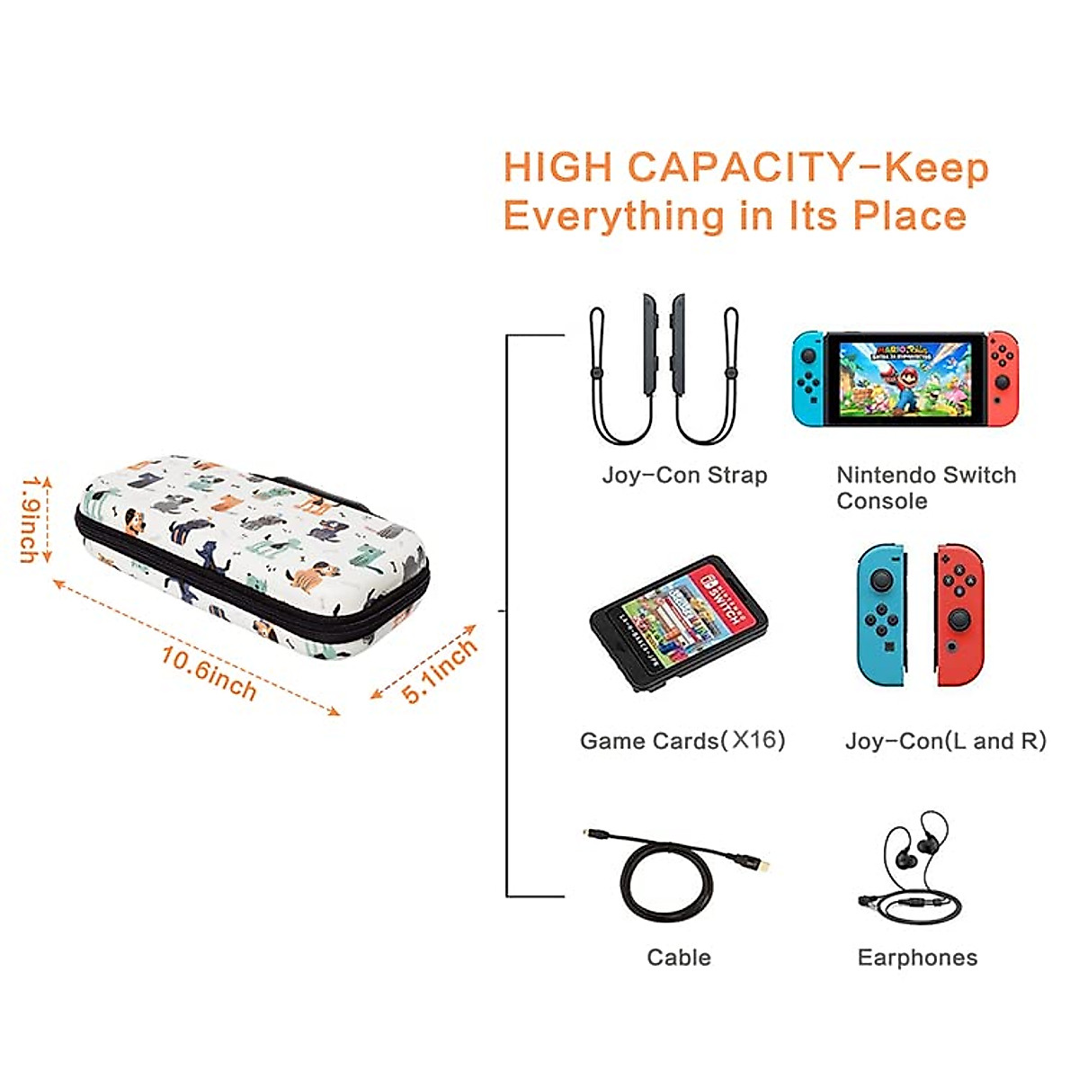 Nintendo Switch Case OLED Model 2021, Carry Case for Nintendo Switch for Boy Girls-Travel Storage Hard Shell Cover with 16 Game Card Slot for Switch Console Joy-Con & Accessories, Dog