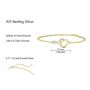 FANCIME Infinity Love Heart Bracelet 925 Sterling Silver Gold Plated Cubic Zirconia CZ Diamond Dainty Fine Jewelry Anniversary Birthday Christmas Gifts for Women Mom, Chain 6.7"+1.2"