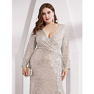 Ever-Pretty Women's Deep V-Neck Front Wrap High Thigh Slit Sequin Dress Plus Size Champagne US16