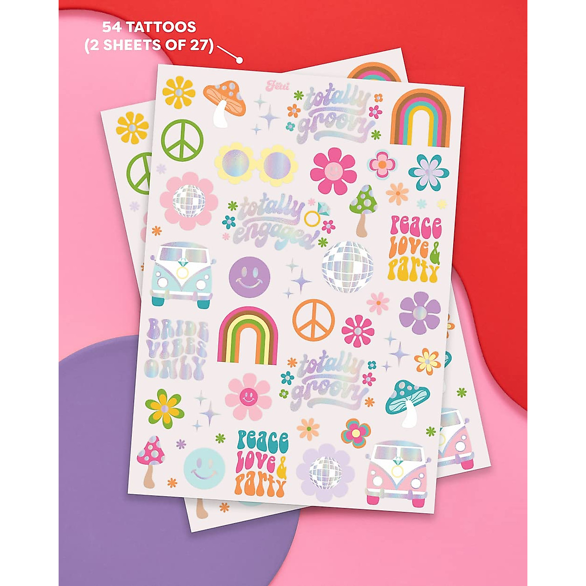 xo, Fetti Groovy Bachelorette Temporary Tattoos - 54 Foil Styles | 70's Bach Party Decoration, Bridesmaid Favor, Last Disco, Pastel Dazed Engaged