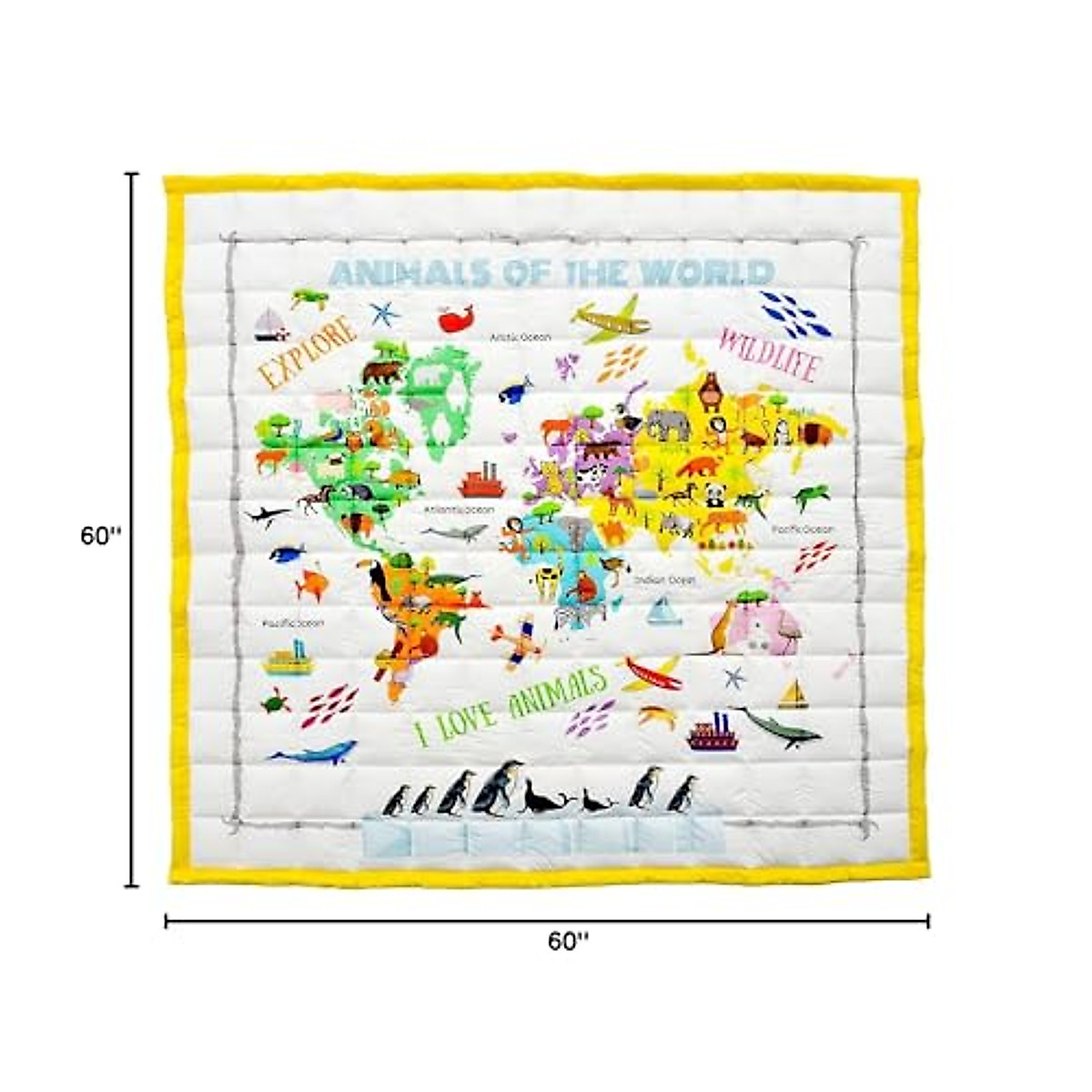 Baby Play Mat, Animals of The World, 60x60 Inches 100% Cotton Machine Washable