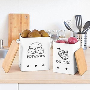 Candco Set of 2 White Vegetable Storage Tins with Wooden Lids for Potatoes, Onions, and Garlic - Long Shelf Life and Convenience