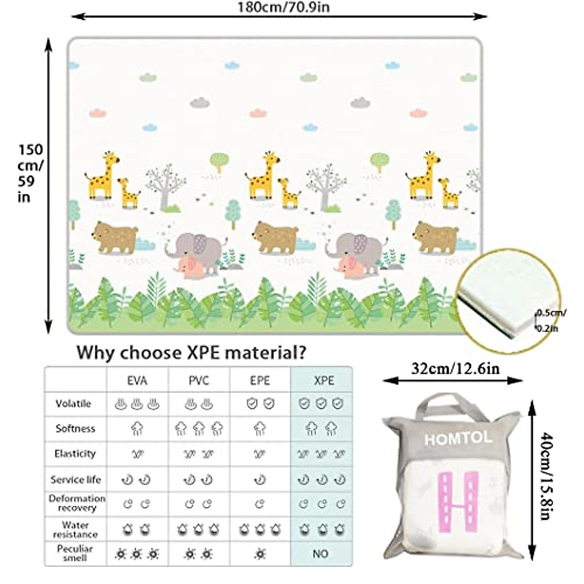 HOMTOL Baby Play Mat 47"x70", Reversible Playmat, Double Sided Kids Activity Mats, Toddler XPE Crawling Mat, Non-Slip Foam Playmats for Floor