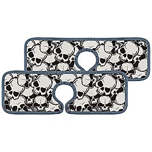 Kitchen Faucet Mats 2 Pieces Black White Skulls Faucet Sink Splash Guard Bathroom Counter and RV,Absorbent Faucet Counter Sink Water Stains Preventer