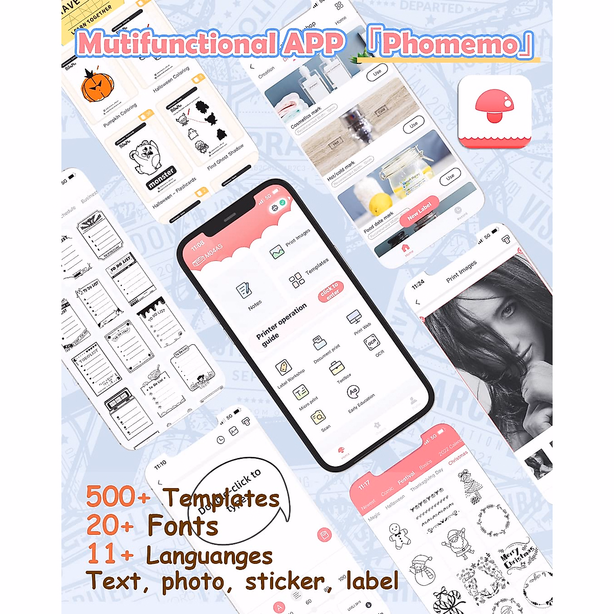 Phomemo M04AS Mini Printer with 110mm White Adhesive Paper Bundle