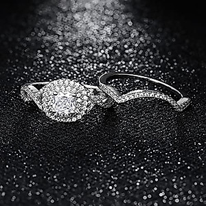 MDFUN Moissanite Stackable Rings for Women 18K White Gold Plated Two-in-One Cushion Halo CZ Wedding Engagement Promise Eternity Band (6)