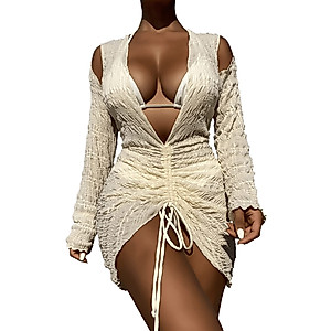 Verdusa Women's Drawstring Deep V Neck Long Sleeve Beach Swimsuit Cover Up Dress Beige XL