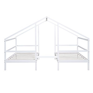 BOVZA Double Twin Size Triangular House Beds for Kids, Wood Bed Frame with Built-in Table, 2 Twin Platform Beds for Kids Teens, White