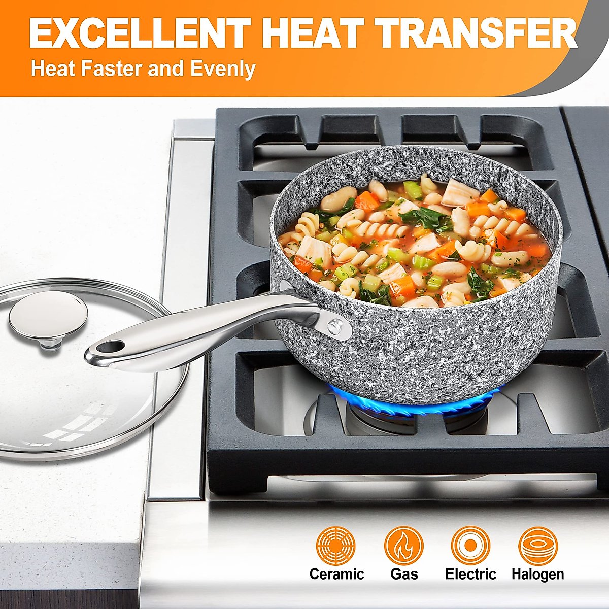 MICHELANGELO Saucepan Set with Lid, Nonstick 1Qt & 2Qt Nonstick Sauce Pan Set with Lid, Small Pot with Lid, Nonstick Granite Saucepan Set & Frying Pan Set with Lid 8"+10