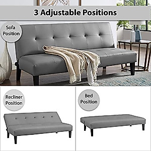 Naomi Home Tufted Futon Sofa Bed, Faux Leather Futon Couch, Modern Convertible Folding Sofa Bed Couch with Wooden Legs, Reclining Small Couch Bed, Durable and Sturdy Futon, Gray