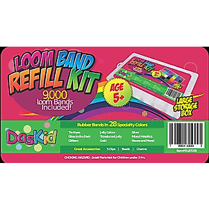 DasKid 12100+ Rubber Bands Refill Loom Set 11,000+ Loom Bands 42 Colors 600 Clips 200 Beads + 52 ABC Beads 30 Charms 10 Backpack Hooks 10 Tassels 5 Crochet Hooks 5 Hair Clips +ABC & Number Stickers