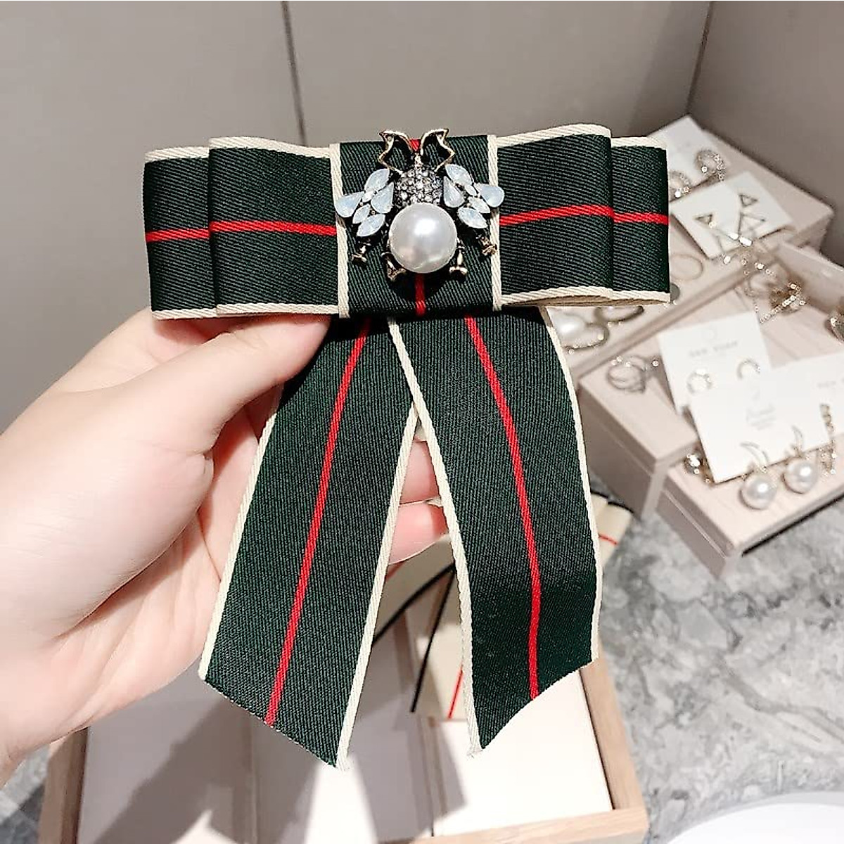 Vpang Crystal Bee Bow Brooch Pre-Tied Neck Tie Brooch Pin Striped Bow Tie for Women Wedding Party Bow Tie (Green)