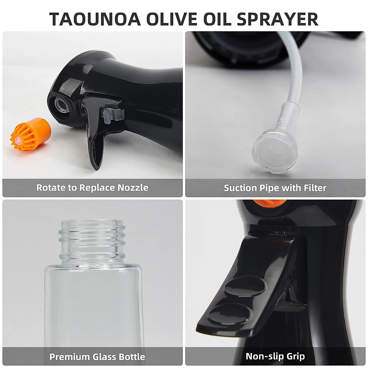 TAOUNOA 210ml Glasses Oil Sprayer - 2pcs Olive Oil Sprayer with Brush 7 OZ Oil for Cooking Mist Oil Spray Bottle for Kitchen Air Fryer, Salad, Baking, Grilling, Frying, Black
