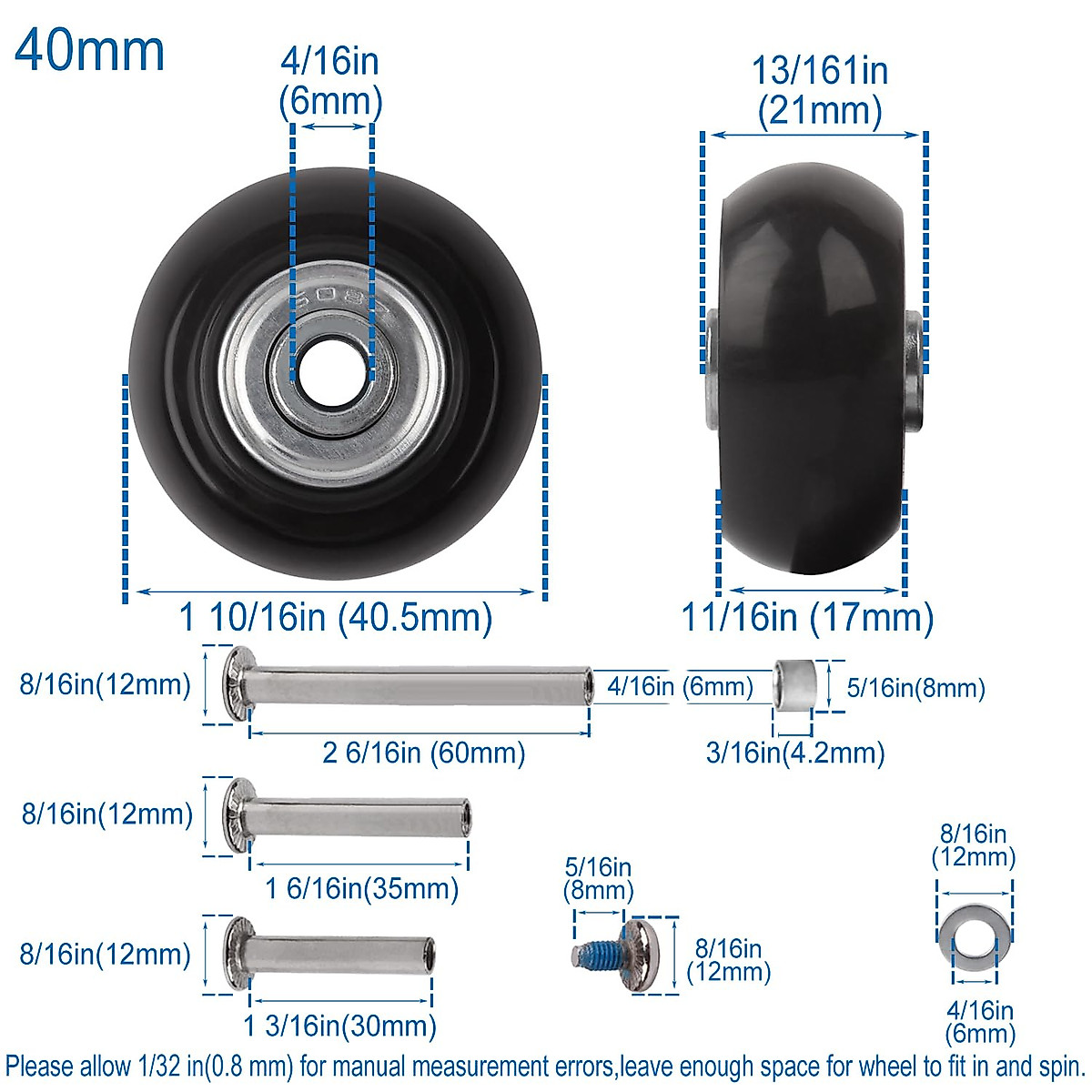 FSATNDE Luggage Suitcase Replacement Wheels Set of 4 PU Bearing Wheels-Install Width 0.8in/21mm with 3 Size Axles and Hacksaw for Trolley Bag Drawbar Box Smooth Rolling Repair(40mm x 18mm)