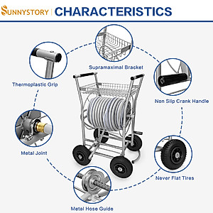 SUNNYSTORY All Metal Garden Hose Reel Cart with Metal Hose Guide System, Holds 150 Feet of 5/8 Inch Hose Cart with Solid Tires for Garden, Yard, Lawn