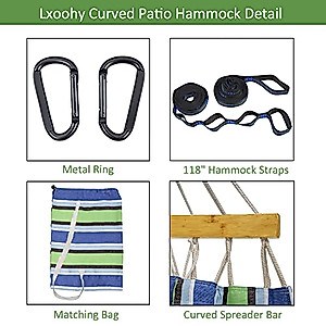 Lxoohy Portable Patio Double Hammock with Travel Bag, 2 Person Outdoor Hammock with Foldable and Curved Spreader Bar, D Rings and Tree Straps for Camping, Picnic, Backyard, Green Blue