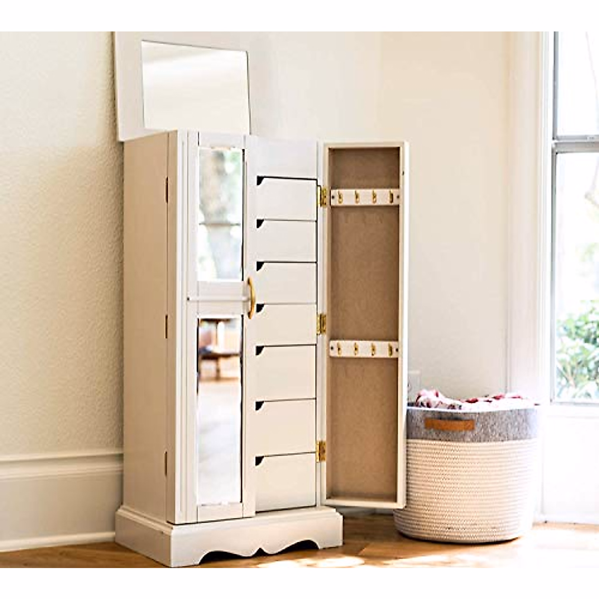 Hives and Honey Chelsea Jewelry Armoire - French Mirrored Doors Jewelry Storage Cabinet, White