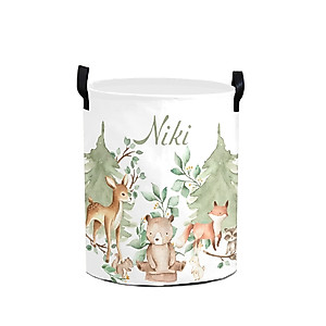 Woodland Forest Animals Laundry Basket Personalized with Name Laundry Hamper with Handle Clothes Bag Bin for Bedroom Baskets